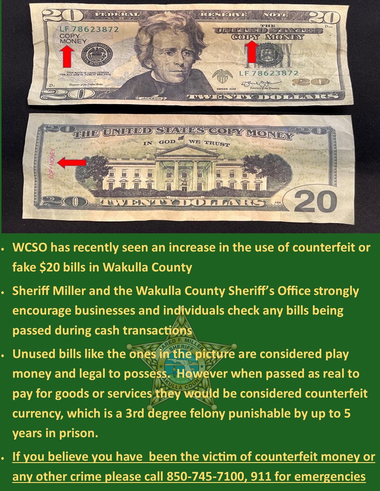 WCSO Notes Rise in Use of Counterfeit $20 | Wakulla County Sheriff's ...